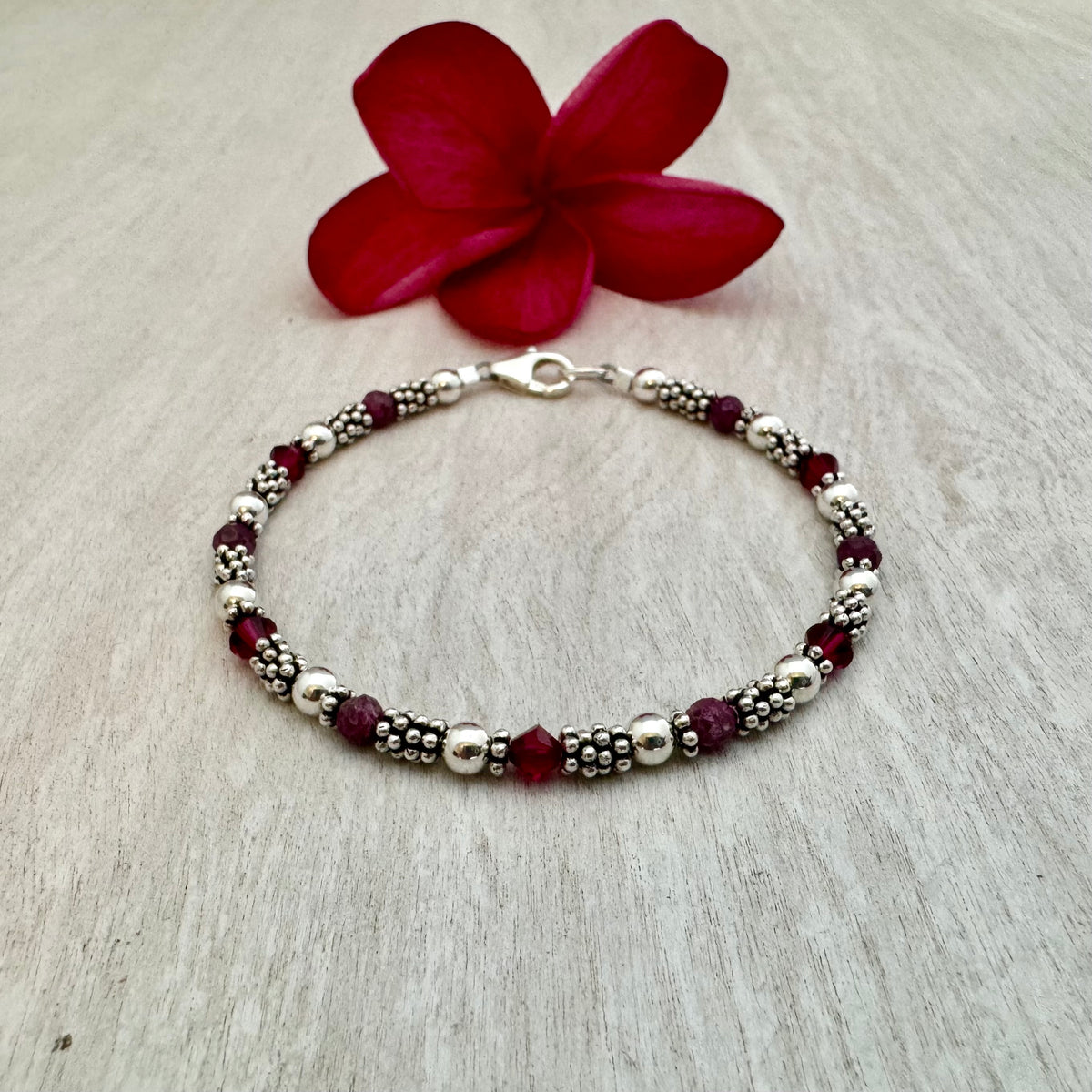 Bali Stacked Sterling Silver & Ruby Bracelet (Or Stone of Your Choice ...