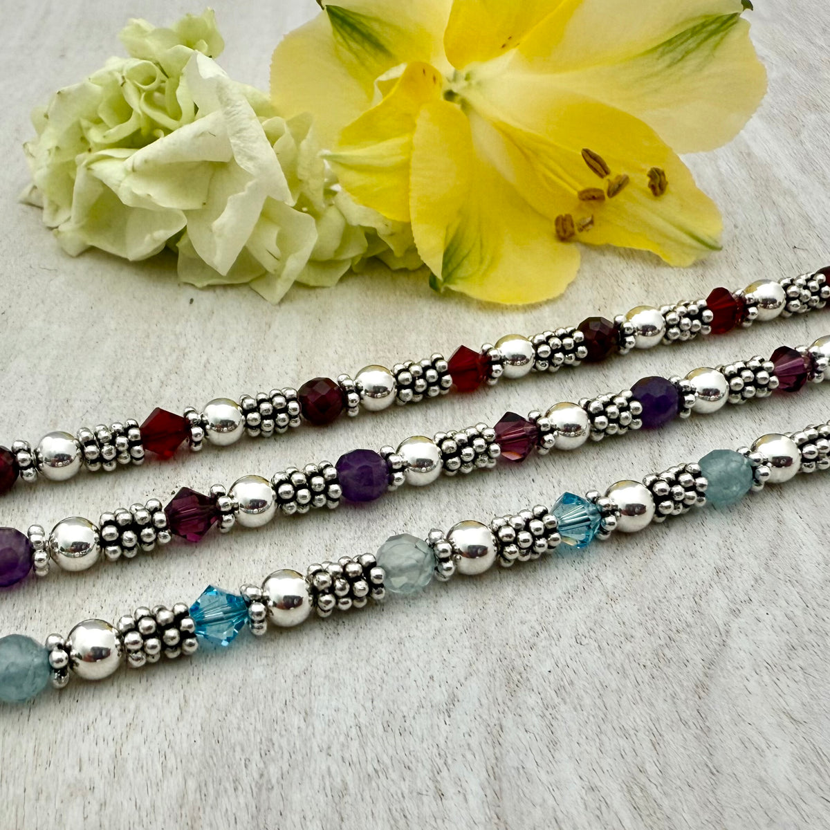 Bali Stacked Sterling Silver & Aquamarine Bracelet (Or Stone of Your C ...